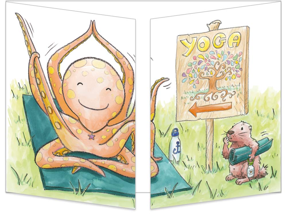 carte humour "le cours de yoga" la pieuvre et tous ses élèves